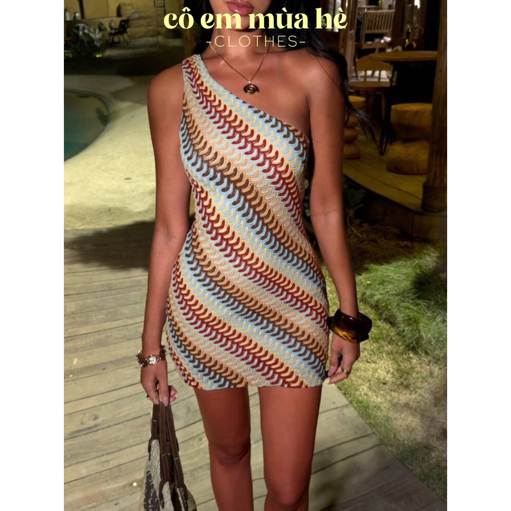 [ORDER 8-10 NGÀY] (Lùi size, sẵnXL) Đầm ôm body lệch vai hoạ tiết sắc ...