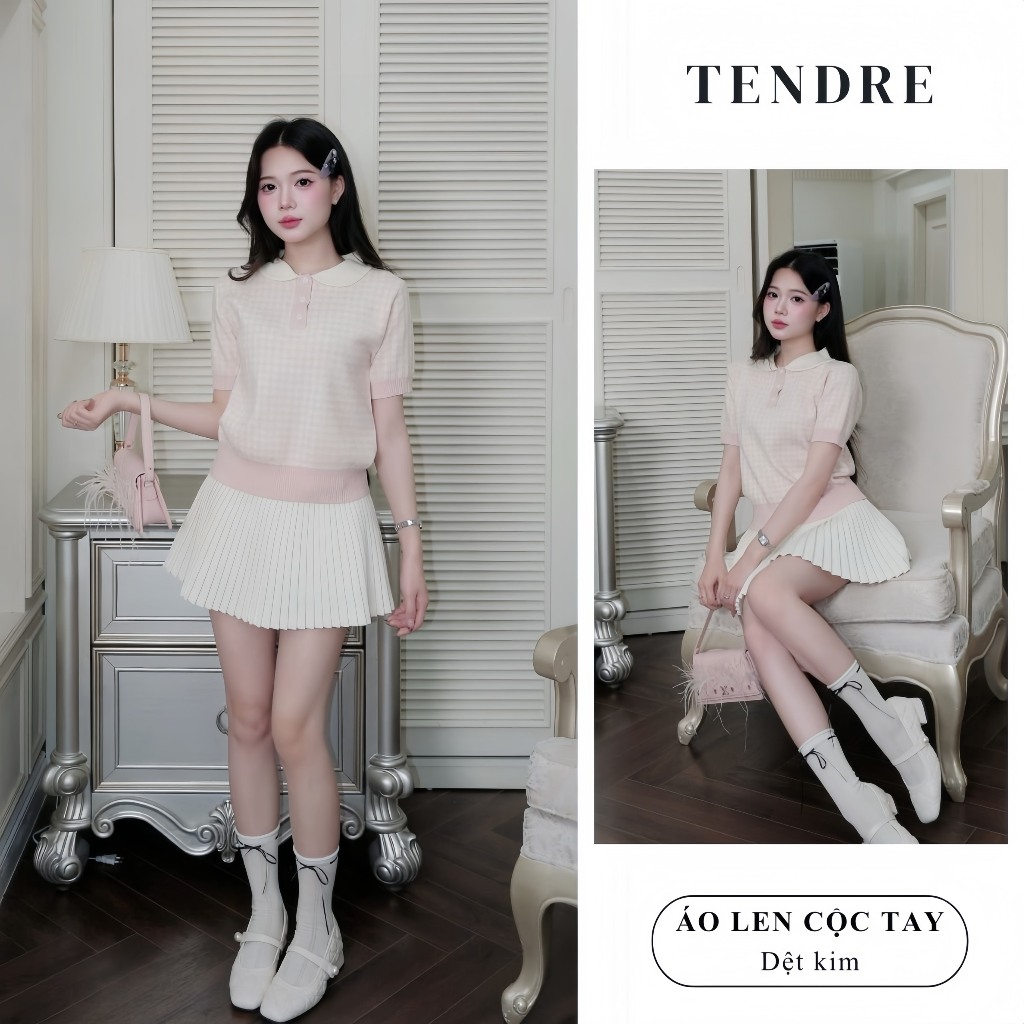 BST hè TENDRE- Áo len cộc tay cộc cổ sen kẻ caro nhẹ nhàng basic, áo ...