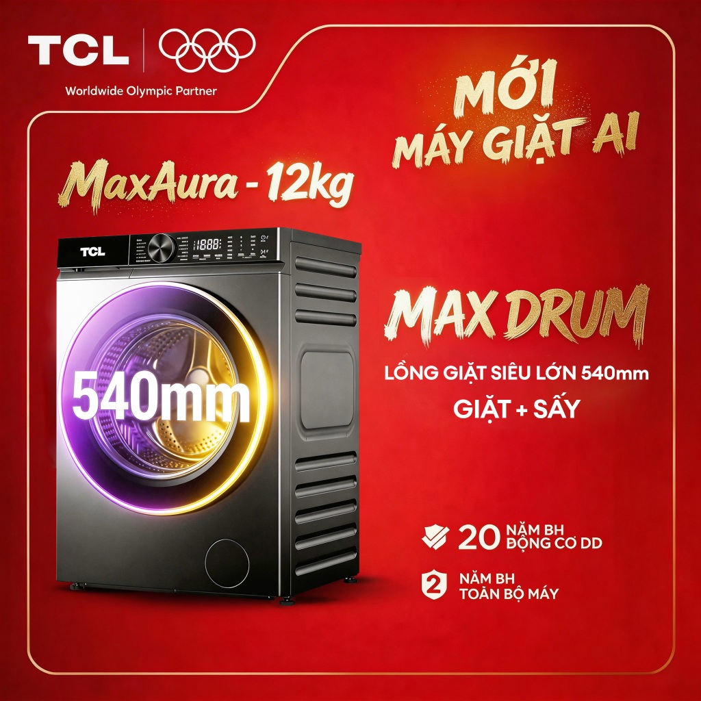 【Max Drum】Giặt 12kg + Sấy 8kg, TCL MaxAura, DD Inverter cao cấp, Lắp ...