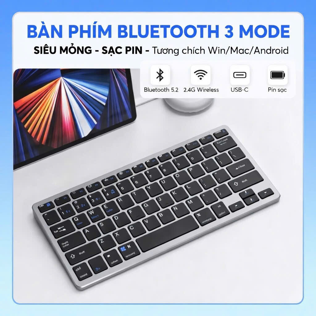 Bàn phím không dây 2 chế độ Bluetooth & 2.4GHz, pin sạc, nhỏ gọn, đa ...