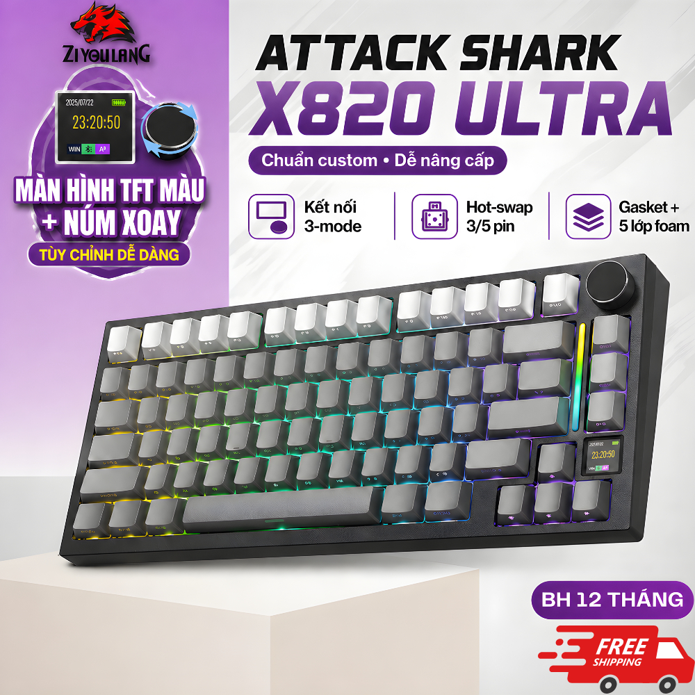 Bàn Phím Cơ Không Dây Gaming Attack Shark X820 Ultra - 3 Mode, Màn Hình ...