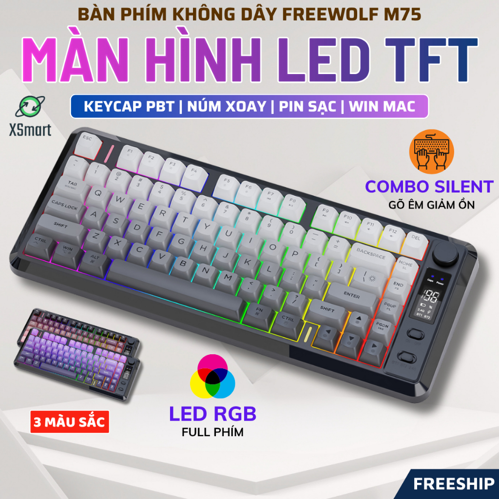 Bàn Phím Không Dây Bluetooth FreeWolf M75 LED RGB, Keycap PBT, Màn Hình ...