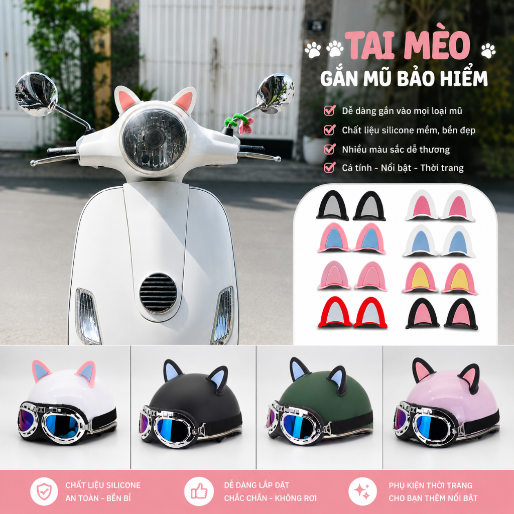 (XẢ HÀNG) 2 Tai mèo gắn trang trí mũ bảo hiểm kèm miếng dán siêu xinh ...