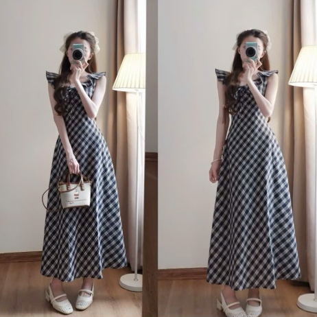 Đầm Nữ Kẻ Caro Viền Bèo Nhún Thắt Nơ Xinh Dáng Xòe Nhẹ Nhàng Vibe Tiểu ...