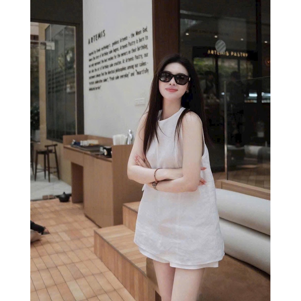 (KIM) Set áo trắng sát nách nẹp li kèm quần short | Shopee Việt Nam