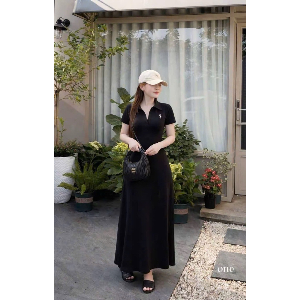 (T’achi) Đầm maxi thun đen cổ polo | Shopee Việt Nam