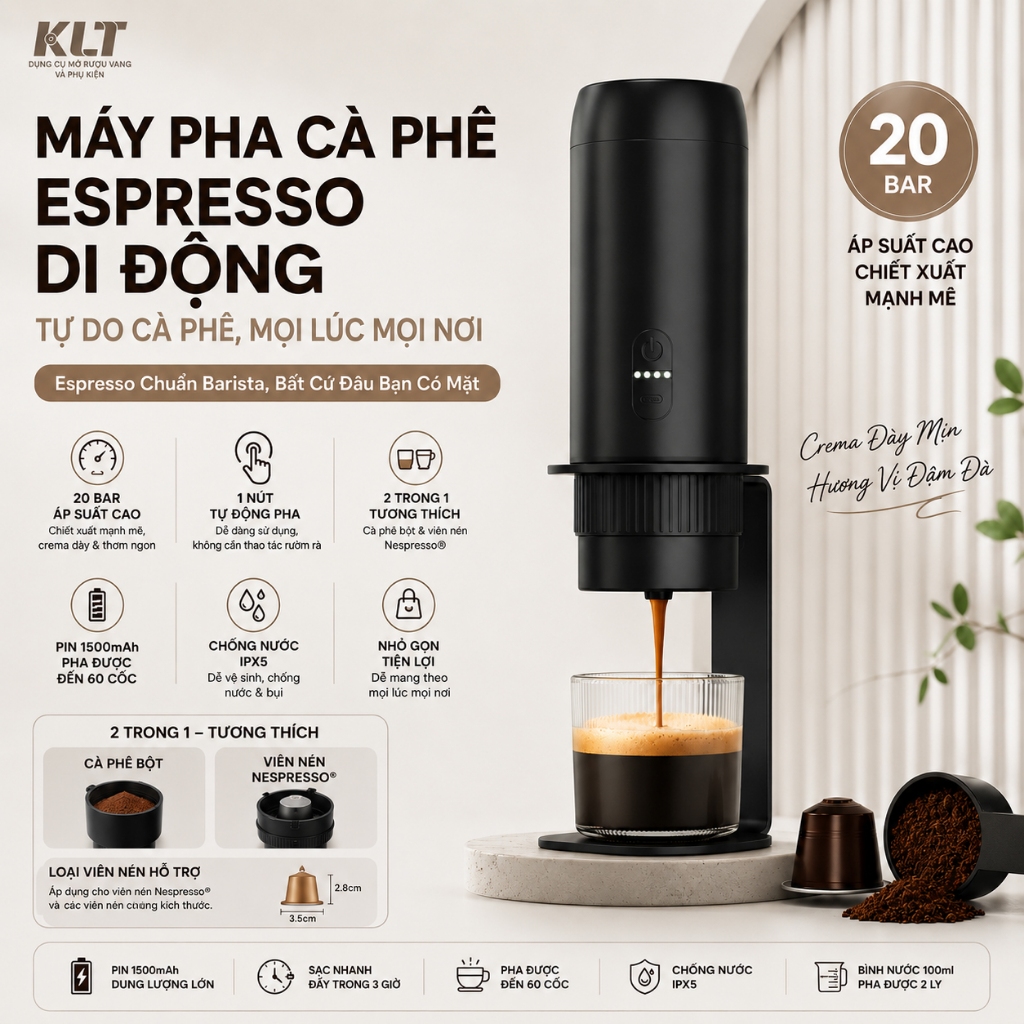 KLT Máy Pha Cà Phê Espresso Cầm Tay Mini 20Bar | Coffee Maker Tương ...