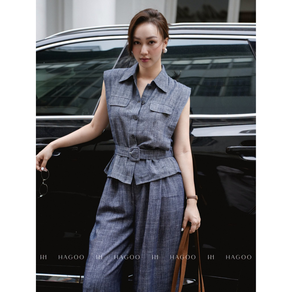 Set 2 chi tiết Áo Sơ Mi sát nách cổ Đức &Quần suông dỉa liền ly súp ...