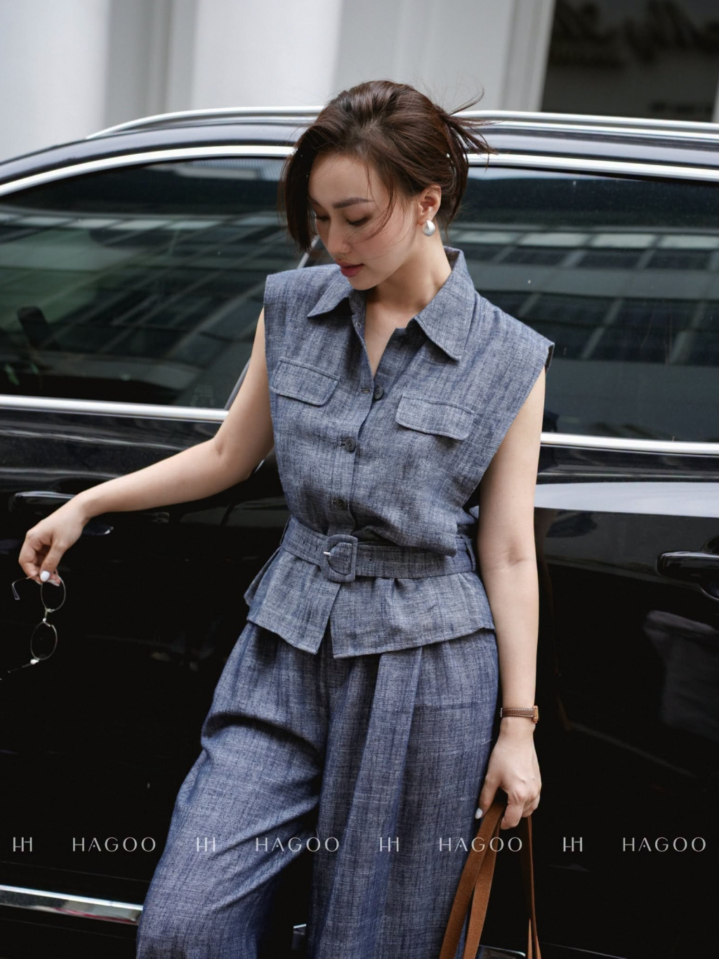 Set 2 chi tiết Áo Sơ Mi sát nách cổ Đức &Quần suông dỉa liền ly súp ...