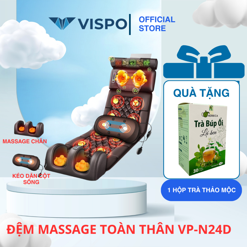 Đệm massage toàn thân VISPO VP-N23D rung đa điểm, có gối và máy massage chân + Tặng Trà Thảo Mộc ...