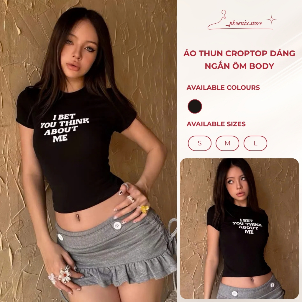 Áo thun crotop dáng ngắn ôm fit body thắt eo họa tiết in chữ basic, dễ ...