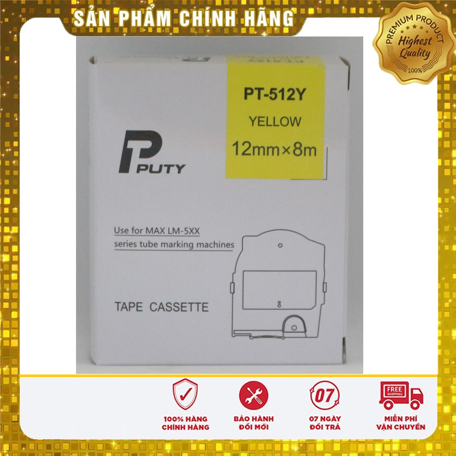 Băng in nhãn Max PT-512Y, rộng 12mm, dài 8m/cái, màu vàng, sử dụng cho ...