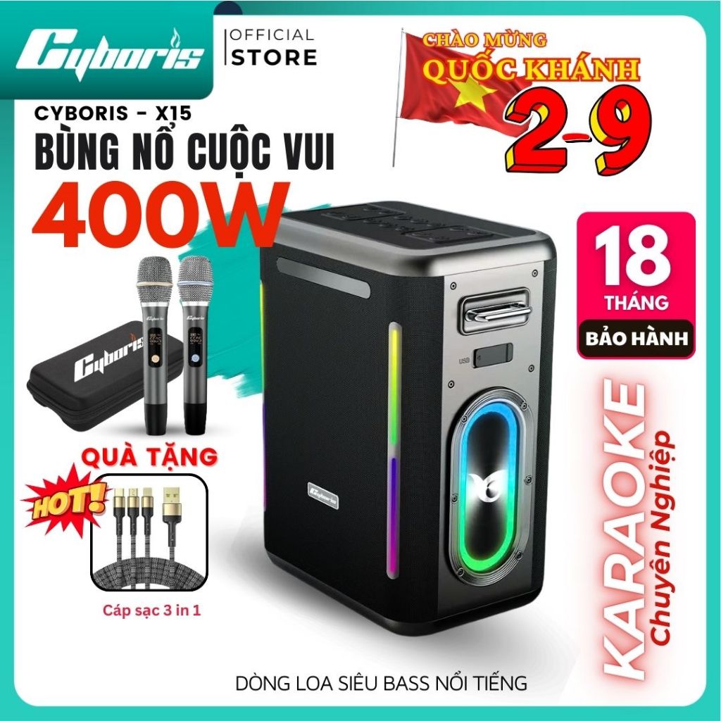 Loa Chính Hãng BLUETOOTH KARAOKE Cyboris X15 400W.Âm thanh 360 độ.Pin 30000mAh.Âm thanh siêu ...