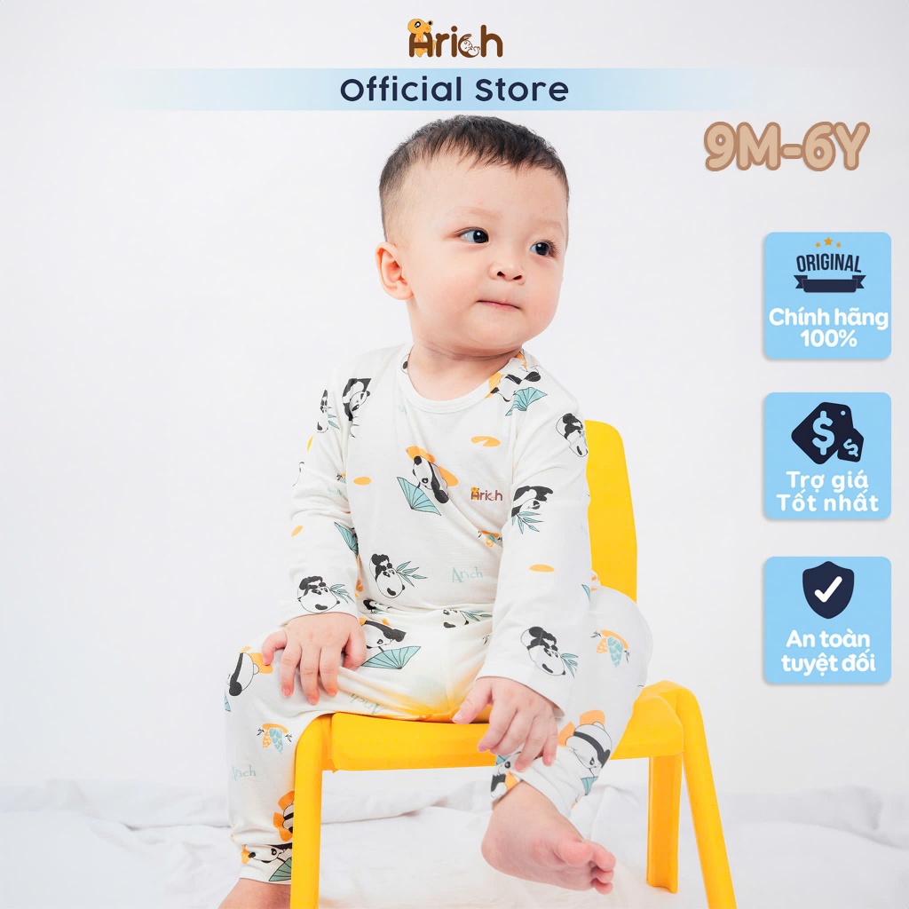 Bộ dài tay cài vai Arich vải sợi tre phối hoạ tiết, thoáng mát cho bé Arich (size 9-12m đến 5-6y ...