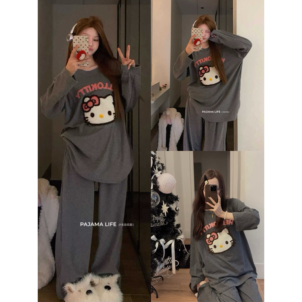 Set Bộ Nỉ Nữ Hello Kitty thêu xù Áo Sweater chất liệu Nỉ Cotton kèm ...