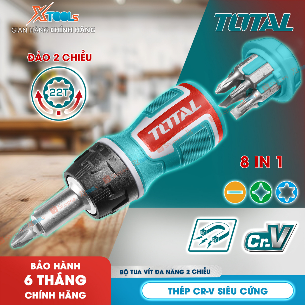 Bộ tua vít đa năng 8 trong 1 TOTAL 2 chiều thép CR-V siêu cứng, chống ...