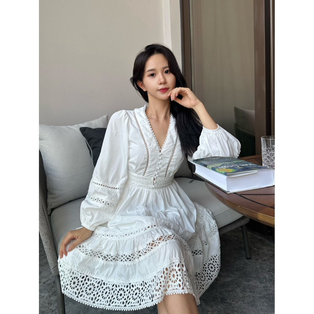 HEIDI - MEI DRESS - đầm cotton trắng xoè đính ren tay bồng | Shopee ...