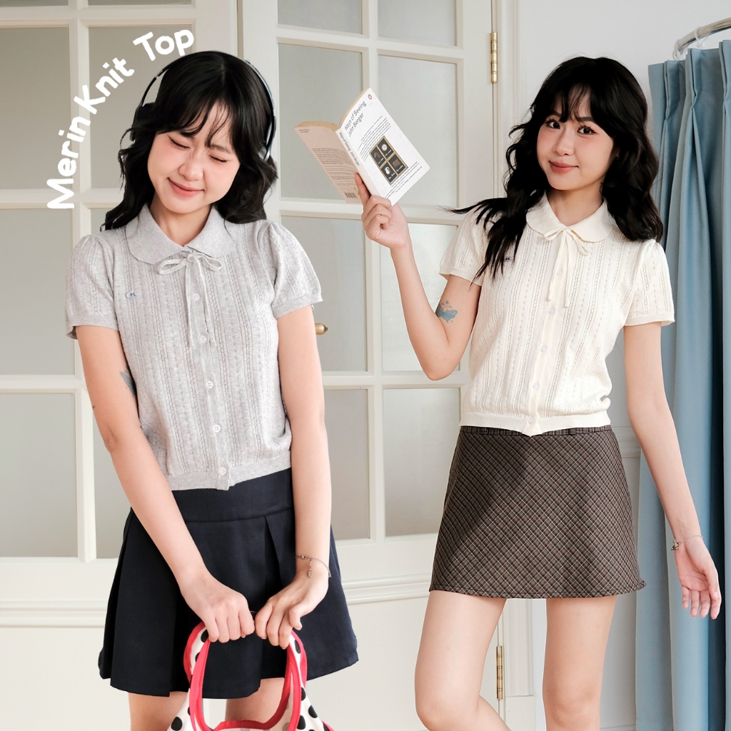BLEUBIRD Áo len dệt kim ngắn tay buộc nơ Merin Knit Top | Shopee Việt Nam