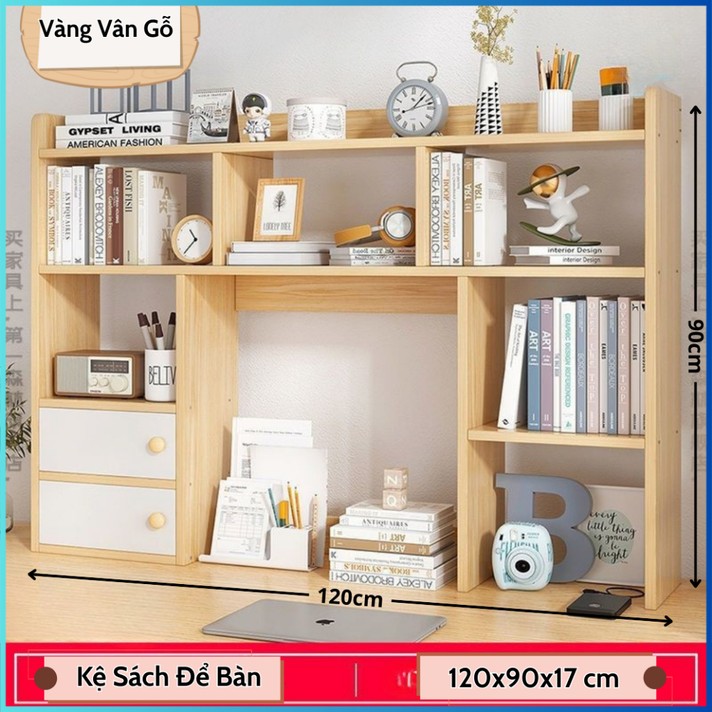 Kệ sách để bàn, giá sách bàn học có hộc tủ, nhiều ngăn trắng vàng lắp ...