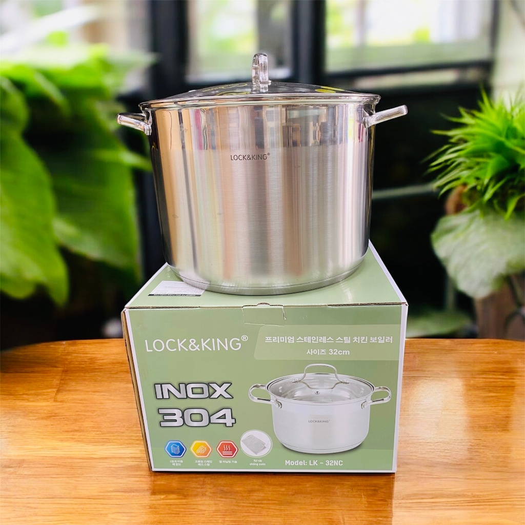Nồi luộc gà, nấu chè, cháo 5 đáy inox 304 Lock&King size,30,32cm(14-17 lít),Dùng cho mọi loại ...