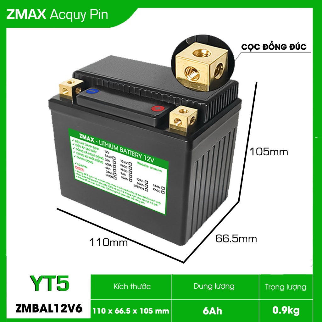 Bình Acquy ZMax Pin Lithium LifePO4 12V 6ah, ZMBAL12V6-YT5 Dùng Cho Xe Máy | Shopee Việt Nam