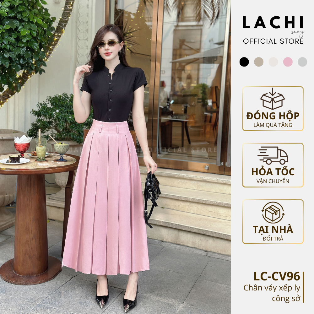 Chân váy xếp ly công sở LACHI dáng dài 90cm cạp cao tôn dáng che khuyết ...