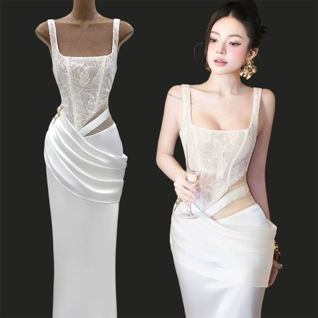 572 - Đầm Hai Dây Ren Coset Xếp Ly Eo | Shopee Việt Nam