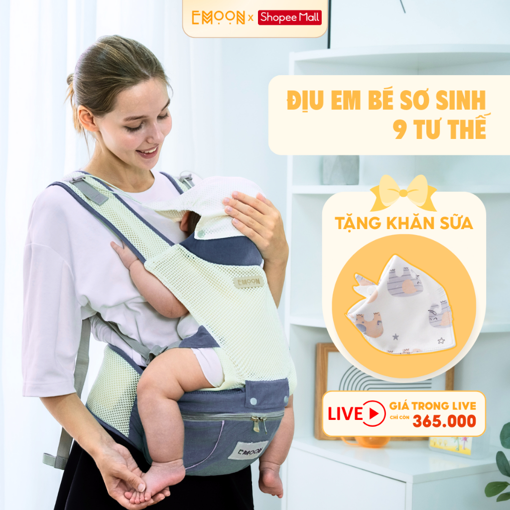 Địu em bé trợ lực Emoon 9 tư thế, chống gù, đai đi xe máy cho bé, vải ...