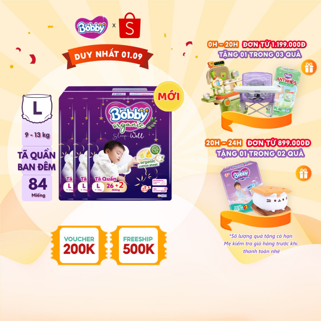 [MỚI RA MẮT] Combo 3 gói tã quần Ban Đêm Cao Cấp Bobby Sleep-Well dịu ...