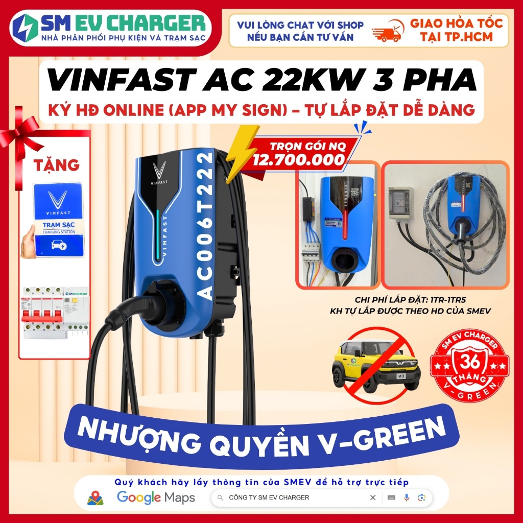 Sạc nhượng quyền VINFAST 22kW AC Sạc Xe điện VinFast VF5 VF6 VF7 VF8 VF9 VFe34 Limo Herio Nerio ...