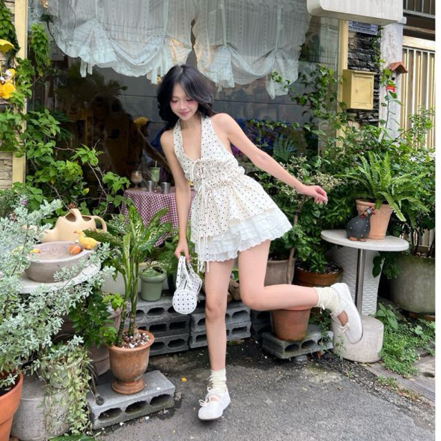 [Léna Store] Tiara Top - Áo cổ yếm thắt nơ màu be chấm bi thời trang nữ ...
