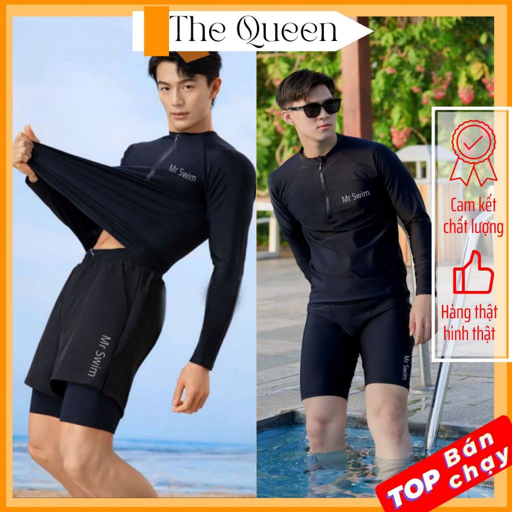 Đồ bơi nam Size M - 3XL đi biển màu đen Mr Swim áo dài tay & ngắn tay phối khóa kéo kín đáo quần ...