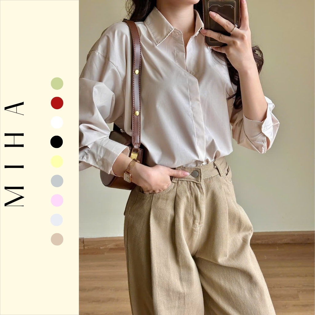 Áo Sơ Mi Thô Dài Tay, Áo Sơmi Trơn Giấu Cúc, Áo Sơ Mi Nữ Kiểu Form Dáng ...