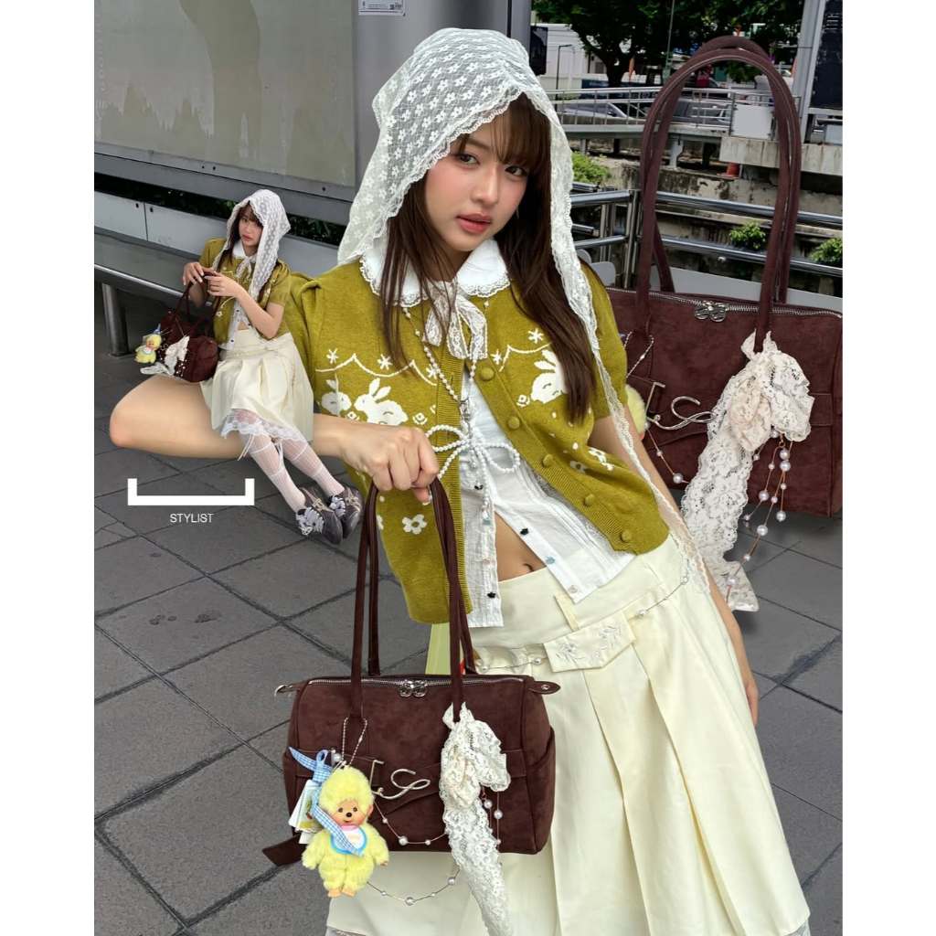 STYLIST x Brinkkty Kiki Knitted wear 001 Áo Len Cardigan Tay Ngắn Họa Tiết Thỏ Siêu Dễ Thương ...