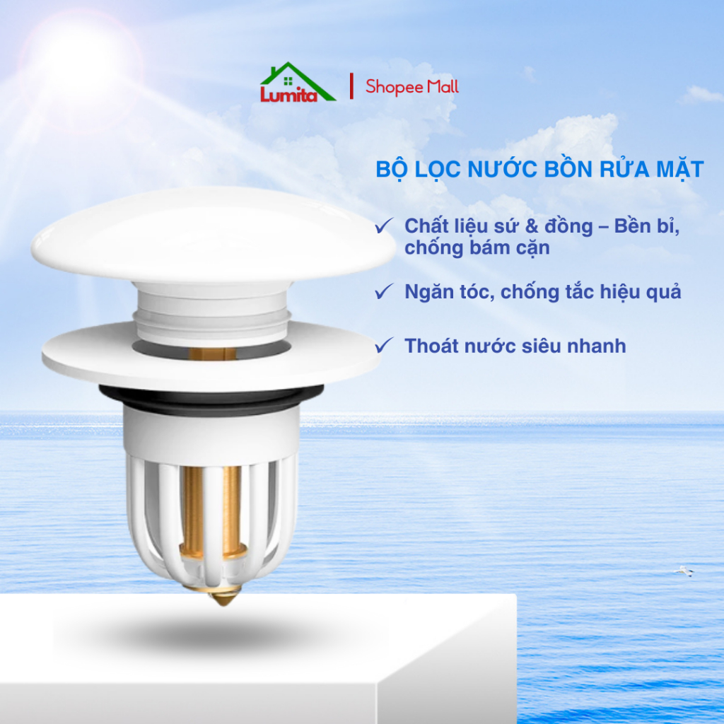 Bộ giỏ lọc nước bồn rửa mặt LUMITA, nút nhấn xả chất liệu sứ cao cấp ...