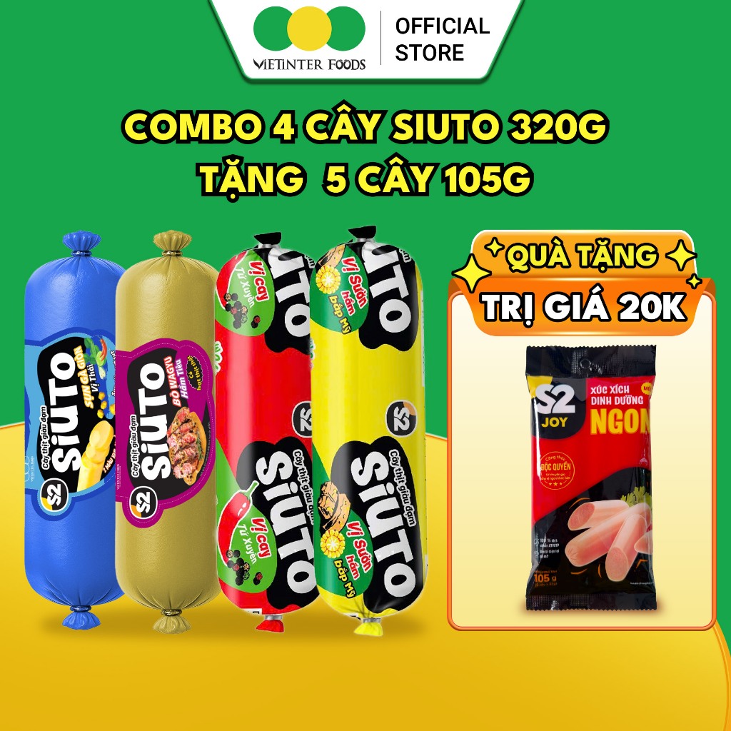 [Tặng 1 Gói 105g] COMBO 4 Xúc Xích Siêu To Giàu Đạm Thơm Ngon S2 Siuto Vietinter Foods 80g x 4 ...