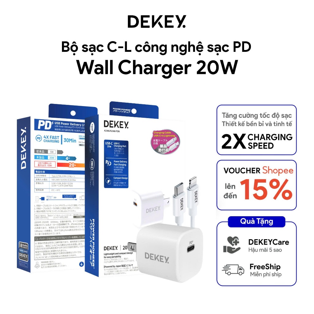 Bộ Combo sạc nhanh DEKEY Cốc 20W + Dây C-L Điện Thoại 6 đến 14 Series ...