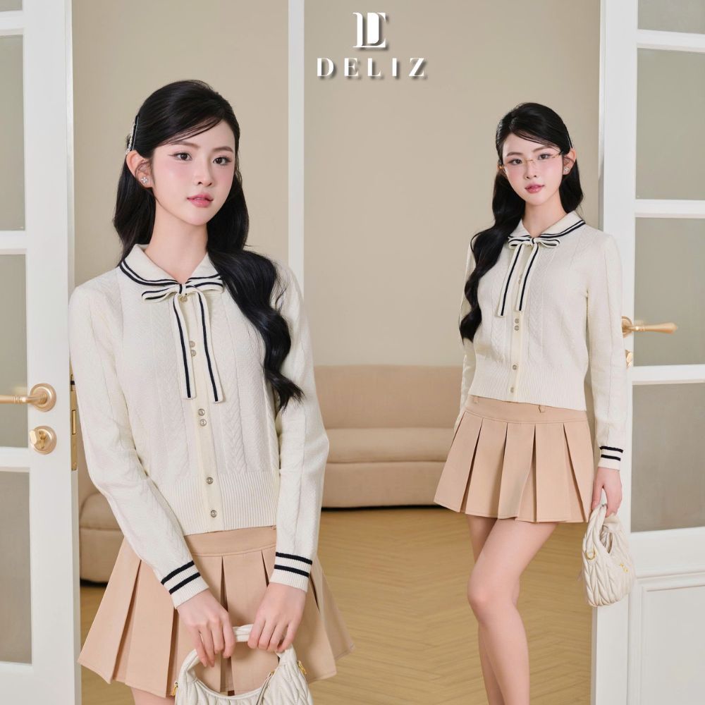 [MỞ BÁN] DELIZ - Áo len cardigan cổ sen phối nơ tiểu thư dài tay cho nữ ...
