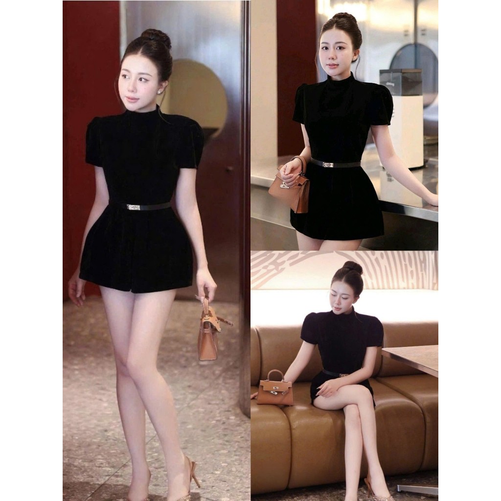 (Kèm Đai) : Jum Nhung Đen Cổ Tròn Chuẩn From Siêu Sang Phối Đai Lưng Ảnh Thật Lustore | Shopee ...