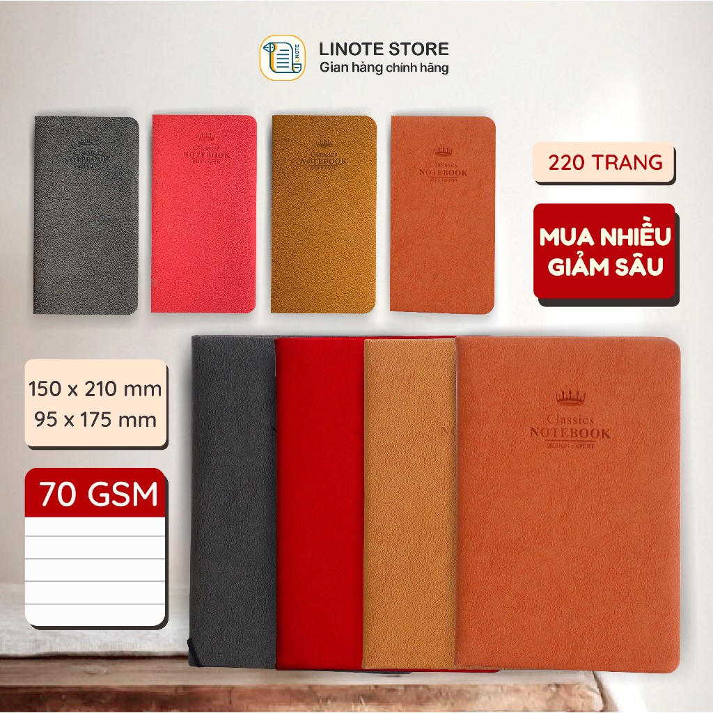 LINOTE Sổ tay ghi chép A5 Notebook bìa da PU vân chìm cao cấp, dòng kẻ ...