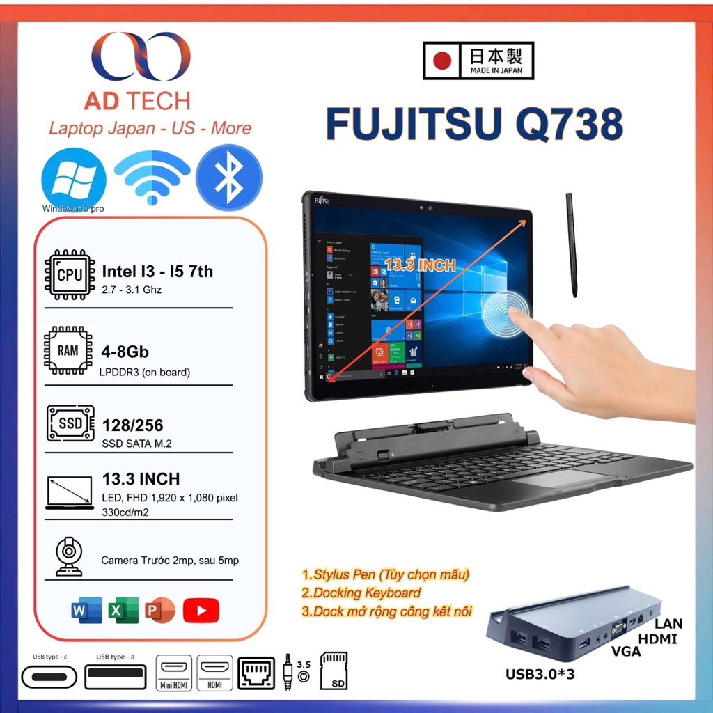 Laptop 2in1 Fujitsu Q738/Q739 nội địa Nhật Core I3/5 Ram4/8 tương đương ...