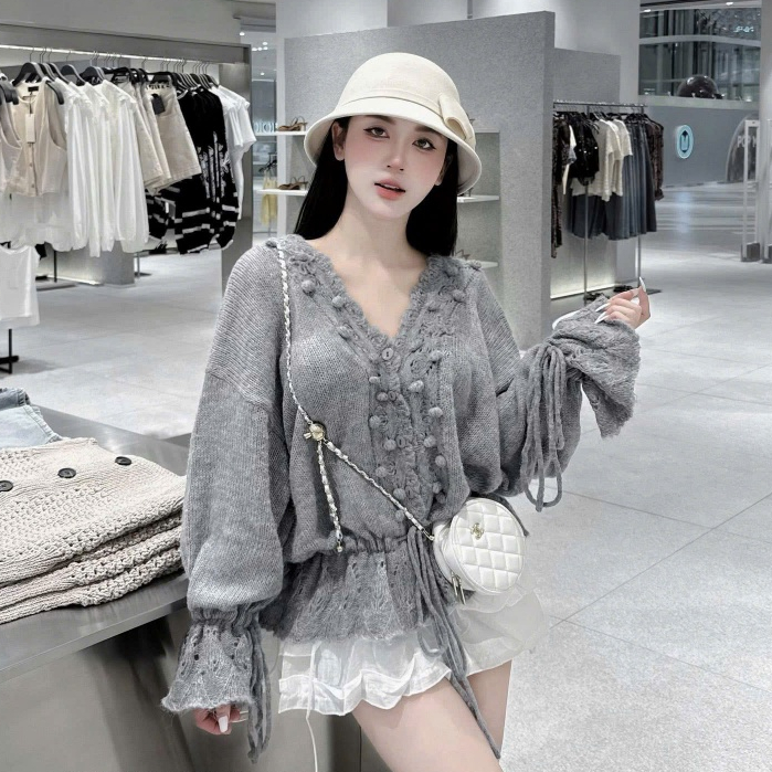 Áo len dáng rộng tay loe cổ V phối tua rua thời trang nữ ulzzang Hàn ...
