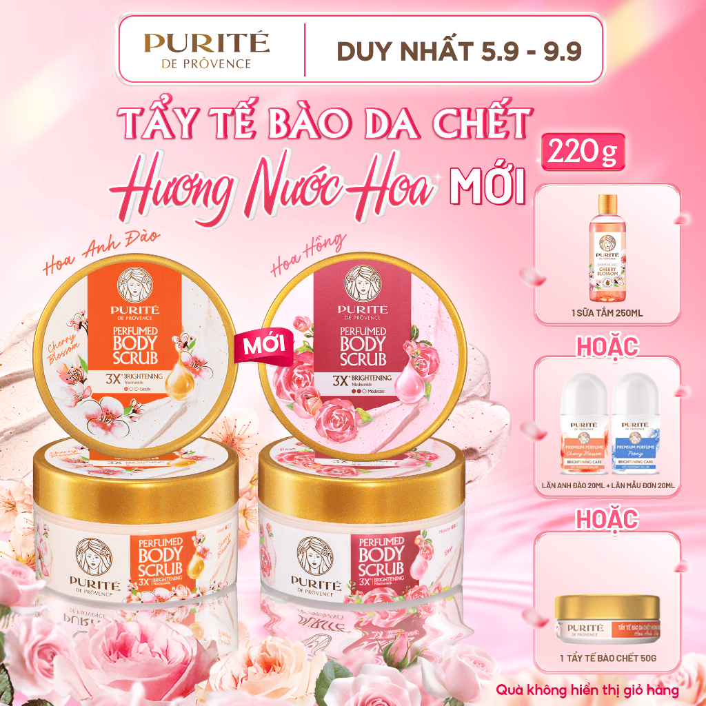 [MỚI] Tẩy Tế Bào Chết Dưỡng Sáng Purité Hương Anh Đào/Hoa Hồng 220G Tặng 2 Lăn Khử Mùi 20ml/Sữa ...