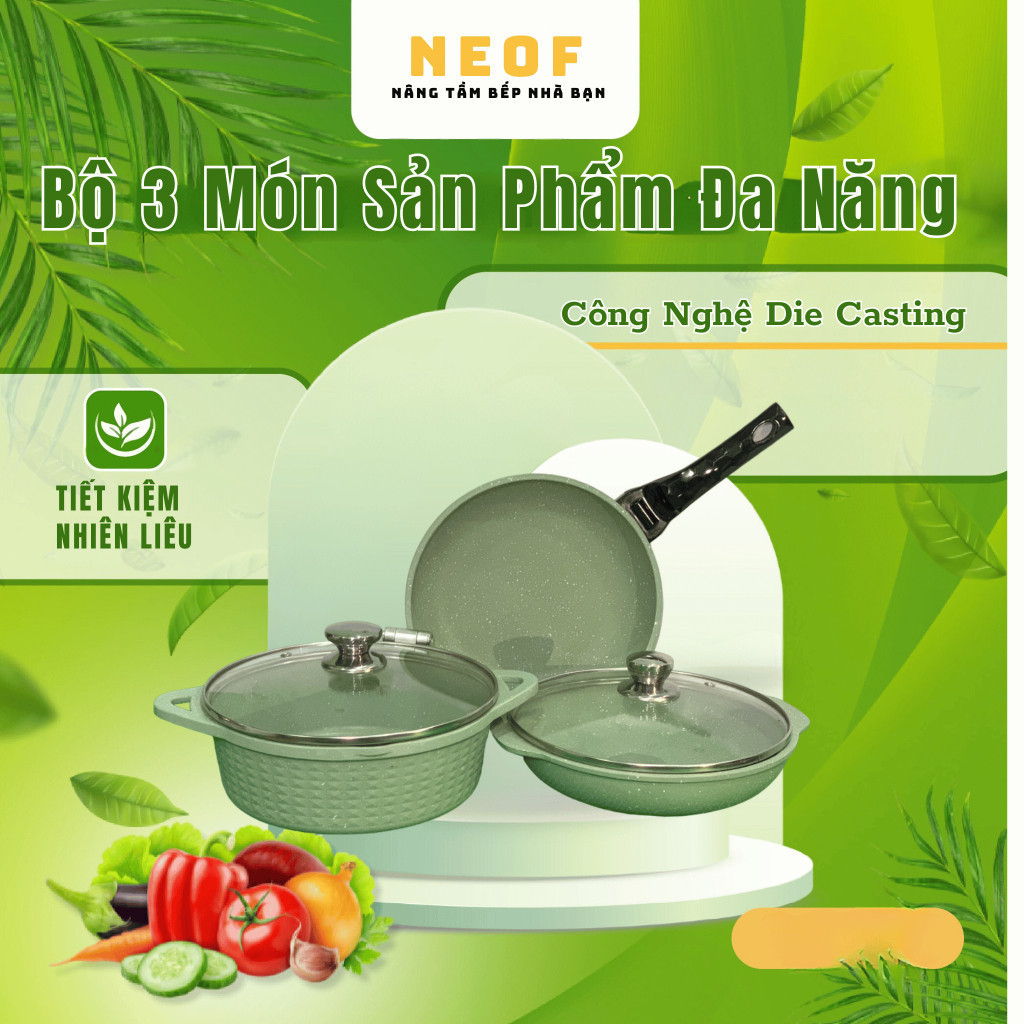 Bộ 3 món nồi chảo từ chống dính NEOF 22Cm bền bỉ nhôm hợp kim đúc ...