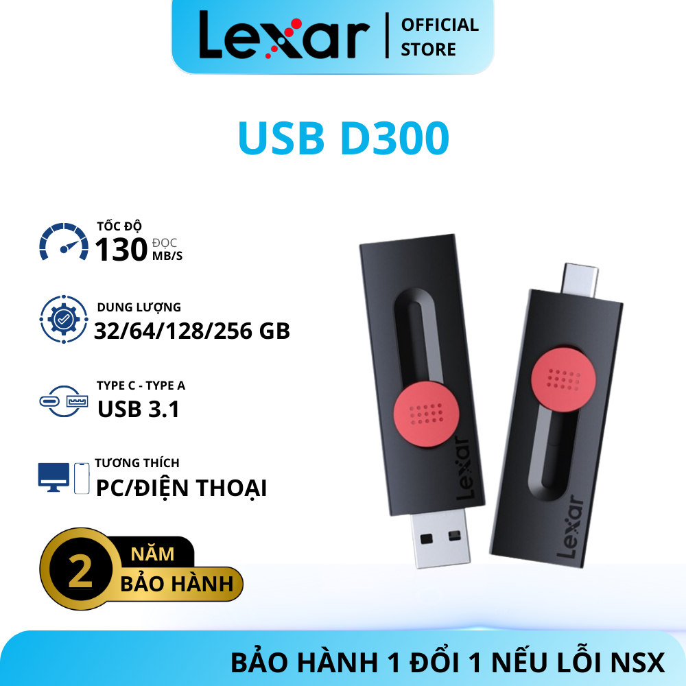 USB Lexar D300 32GB/ 64GB/ 128GB/ 256GB, Chuẩn USB 3.2, Tốc độ đọc ...