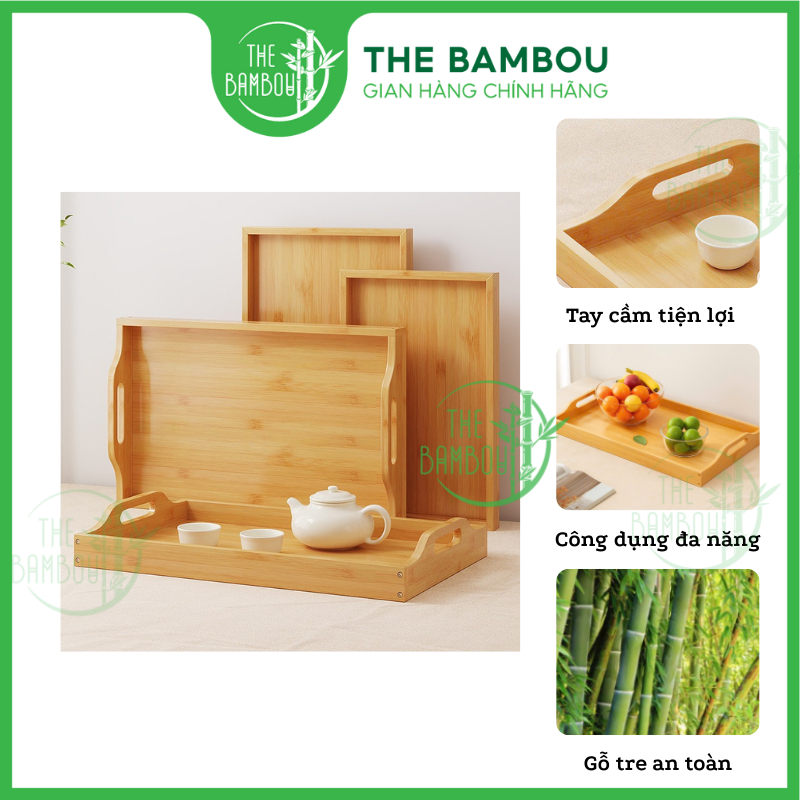 Khay gỗ tre đa năng cao cấp có tay cầm tiện lợi, khay đựng đồ Bambou cách nhiệt tiện lợi dùng ...