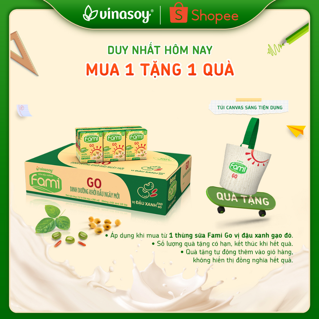 Thùng sữa đậu nành Fami GO vị đậu xanh gạo đỏ hộp 200ml (36 hộp x 200ml ...