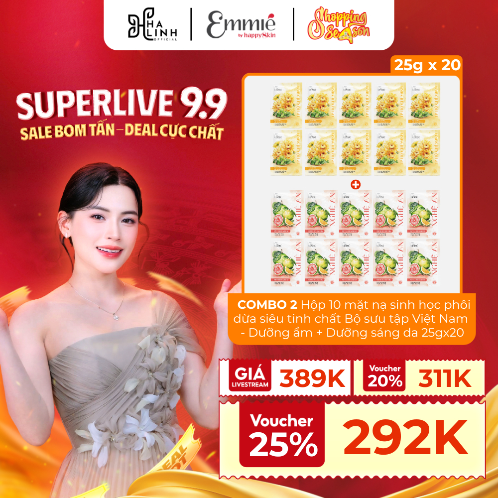 [Võ Hà Linh x Emmié] COMBO 2 Hộp 10 mặt nạ sinh học phôi dừa siêu tinh chất BST Việt Nam-Dưỡng ...