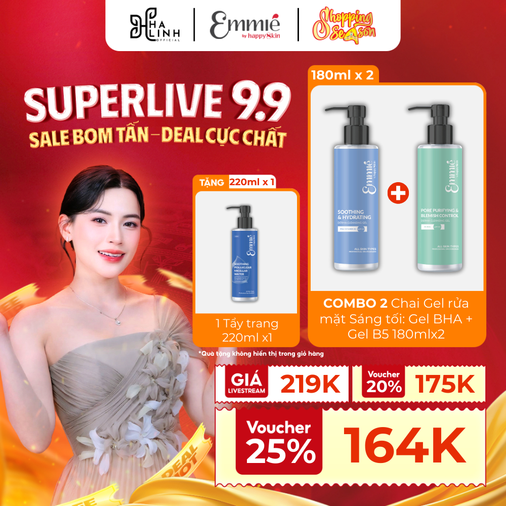 [Võ Hà Linh x Emmié by HappySkin] COMBO 2 Gel rửa mặt sáng tối : Gel BHA + Gel B5 180mlx2 TẶNG 1 ...