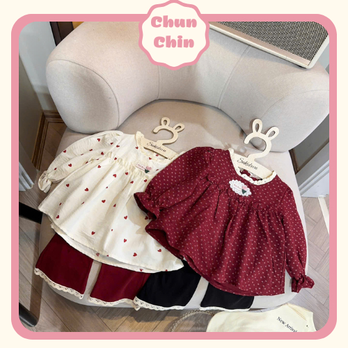 S254 Chun Chin | Set Áo Babydoll Hoa Tiết Quần Loe Viền Ren Cho Bé Gái ...